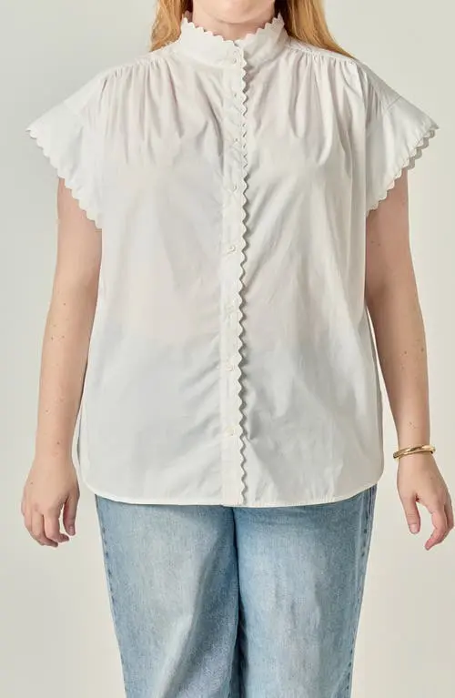 English Factory Ric Rac Scalloped Short Sleeve Cotton Blouse - White