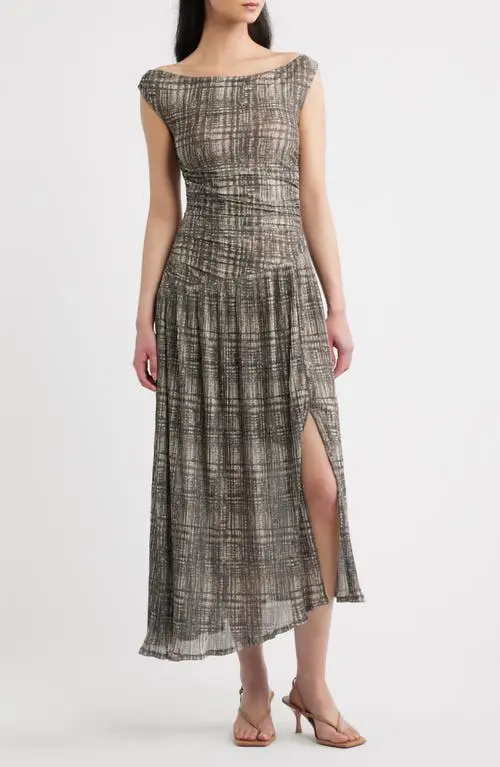 Moon River Plaid Mesh Pleated Midi Dress - Brown Plaid