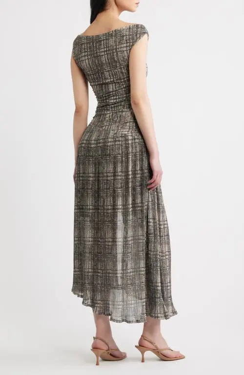 Moon River Plaid Mesh Pleated Midi Dress