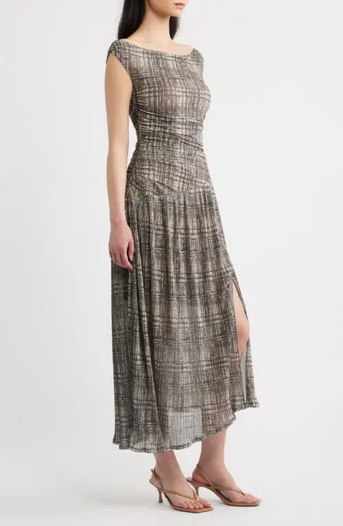 Moon River Plaid Mesh Pleated Midi Dress