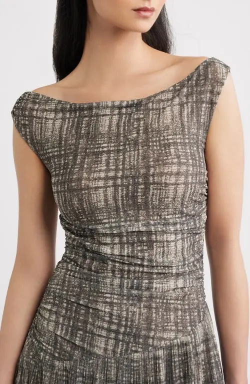Moon River Plaid Mesh Pleated Midi Dress