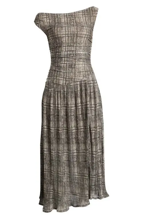 Moon River Plaid Mesh Pleated Midi Dress