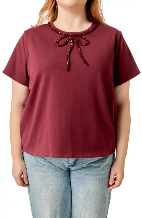 English Factory Embellished Bow Cotton T-shirt - Burgundy