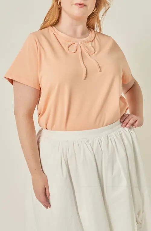 English Factory Embellished Bow Cotton T-shirt - Peach