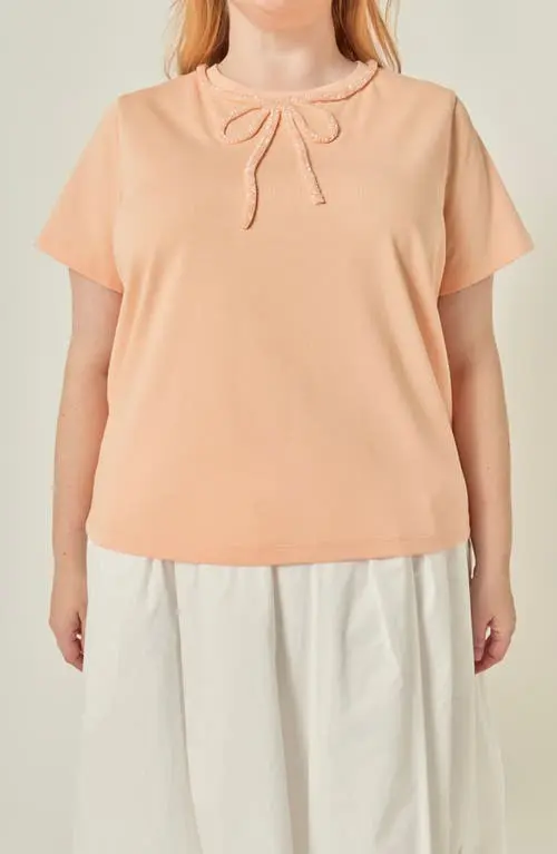 English Factory Embellished Bow Cotton T-shirt - Peach