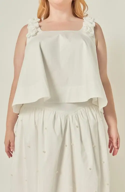 English Factory Sleeveless Cotton Top With Flower Appliqu