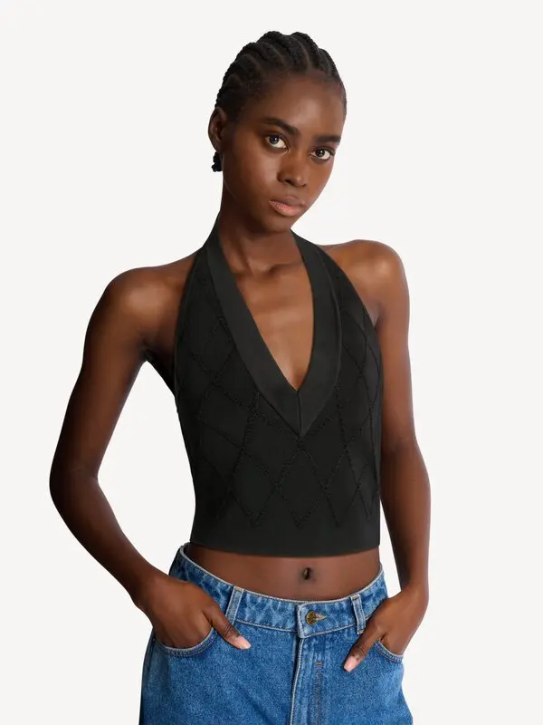 Balmain Quilted Knit Halterneck Top - Black
