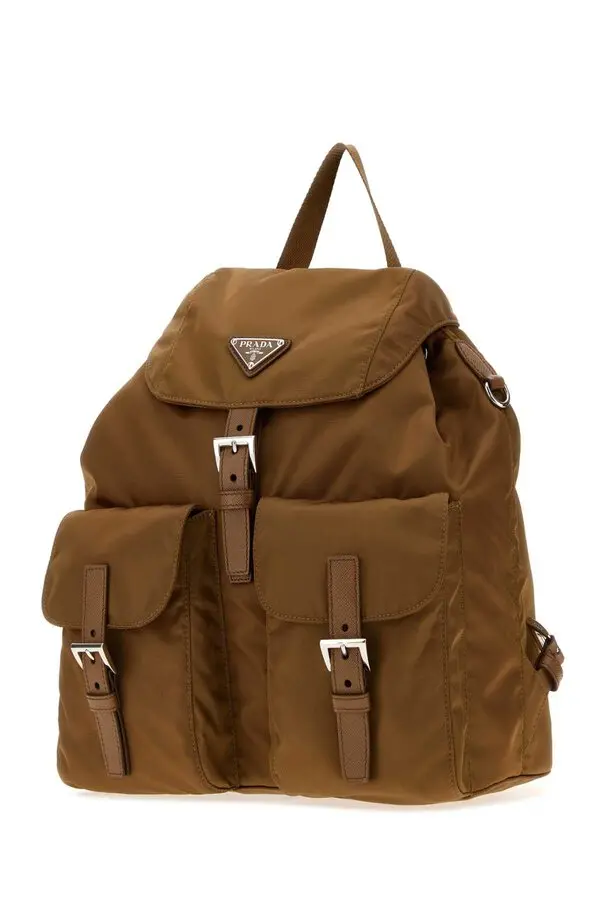 Prada Canvas Backpack With Silver Tone Buckle Details - Brown