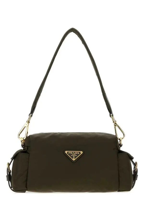 Prada Olive Canvas Shoulder Bag With Golden Metal Finishing - Green