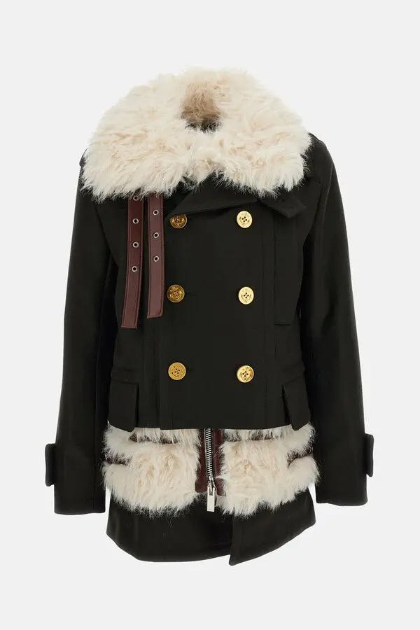 Sacai Hybrid Wool Melton Coat With Fur Vest - Multicolor