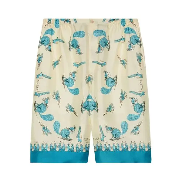 Gucci Freya Hartas Print Silk Twill Shorts 'ivory/deep Turquoise - Cream