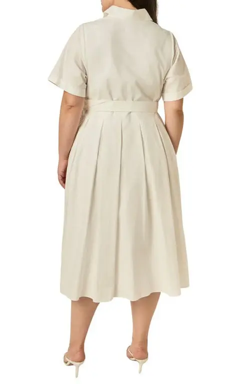 English Factory Belted Cotton Midi Shirt Dress With Spread Collar And Flared Skirt