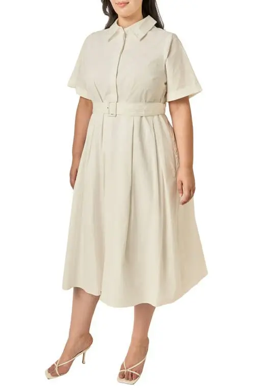 English Factory Belted Cotton Midi Shirt Dress With Spread Collar And Flared Skirt
