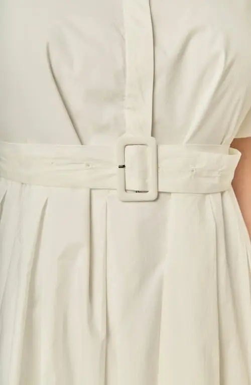 English Factory Belted Cotton Midi Shirt Dress With Spread Collar And Flared Skirt