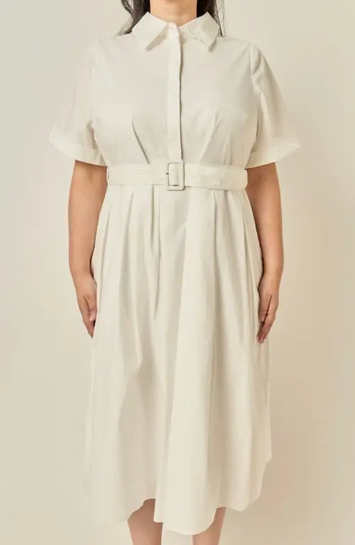 English Factory Belted Cotton Midi Shirt Dress With Spread Collar And Flared Skirt