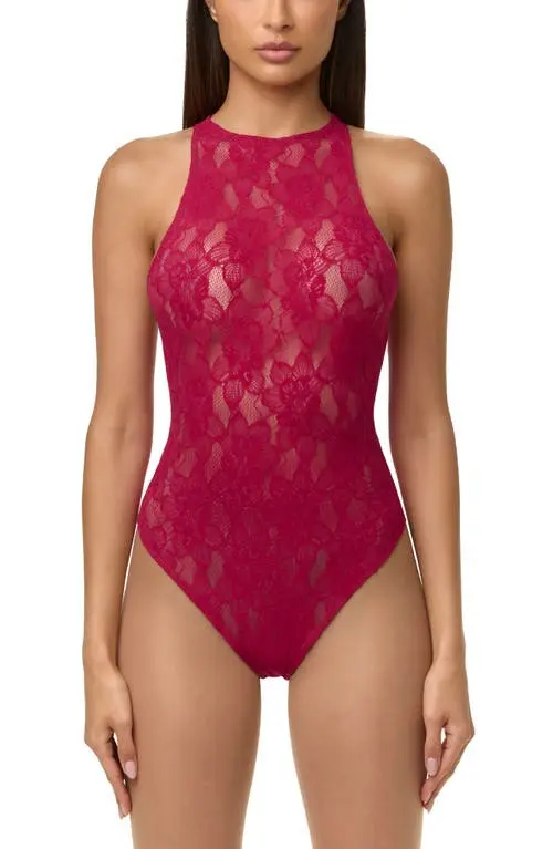 Naked Wardrobe Lace Racerback Bodysuit - Dark Raspberry