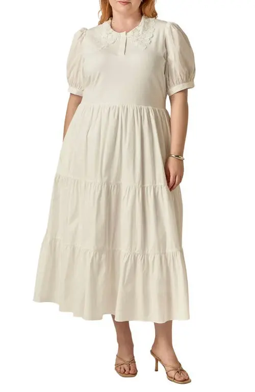 English Factory Mixed Media Midi Dress With Lace Collar And Puff Sleeves