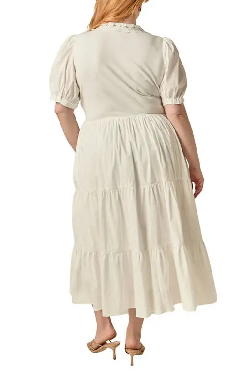 English Factory Mixed Media Midi Dress With Lace Collar And Puff Sleeves