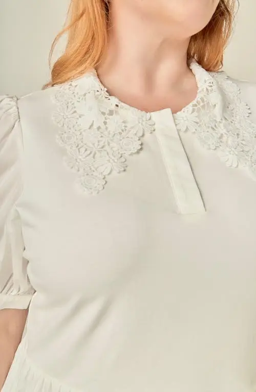 English Factory Mixed Media Midi Dress With Lace Collar And Puff Sleeves