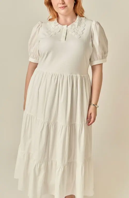 English Factory Mixed Media Midi Dress With Lace Collar And Puff Sleeves