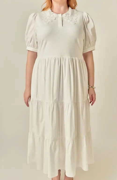 English Factory Mixed Media Midi Dress With Lace Collar And Puff Sleeves