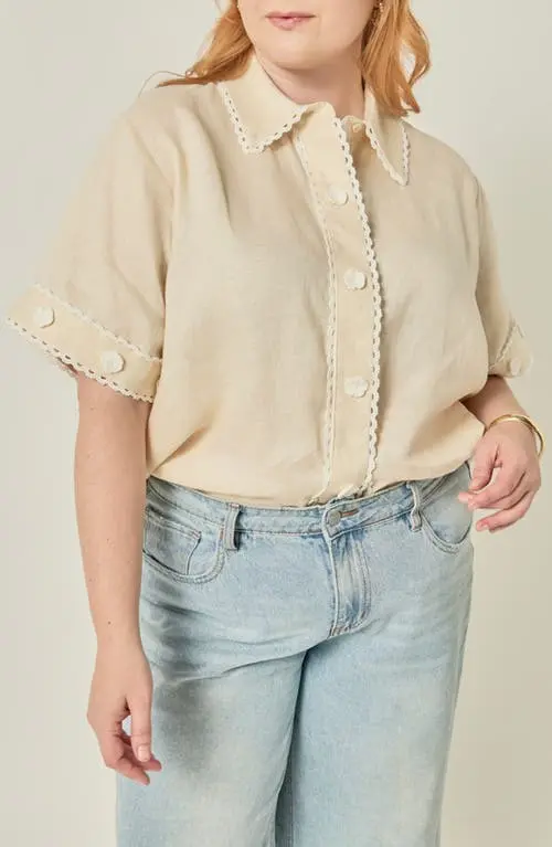 English Factory Floral Appliqué Linen Shirt