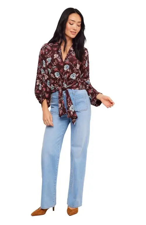 Karen Kane Floral Blouson Sleeved Tie Front Top