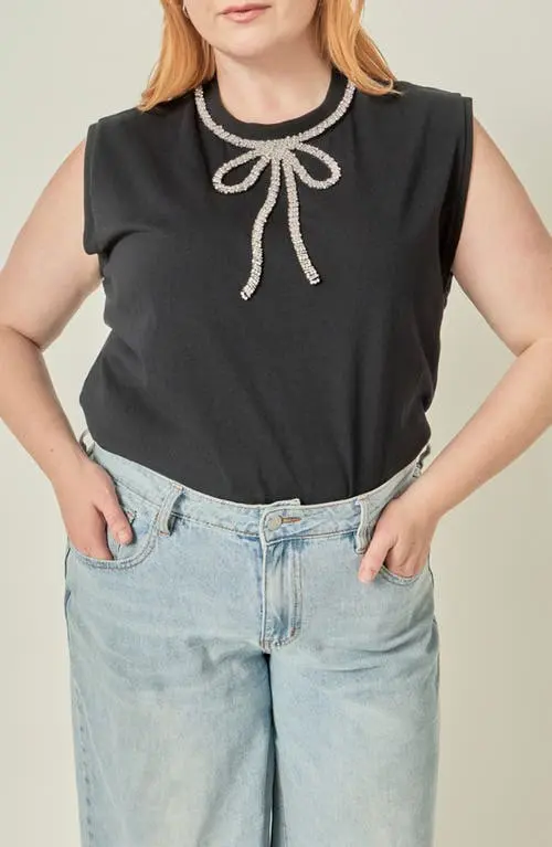 English Factory Rhinestone Bow Sleeveless Top - Black