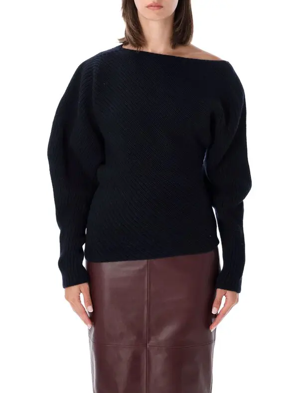 Alberta Ferretti Asymmetrical Ribbed Knit Sweater With Voluminous Balloon Sleeves - Blu