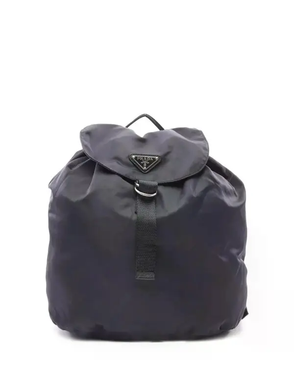 Prada Logo Plate Drawstring Backpack - Blue
