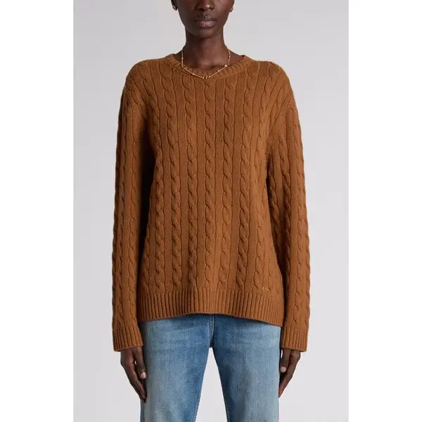 Valentino Garavani Maglia Vlogo Cable Stitch Cashmere Crewneck Sweater - Brown