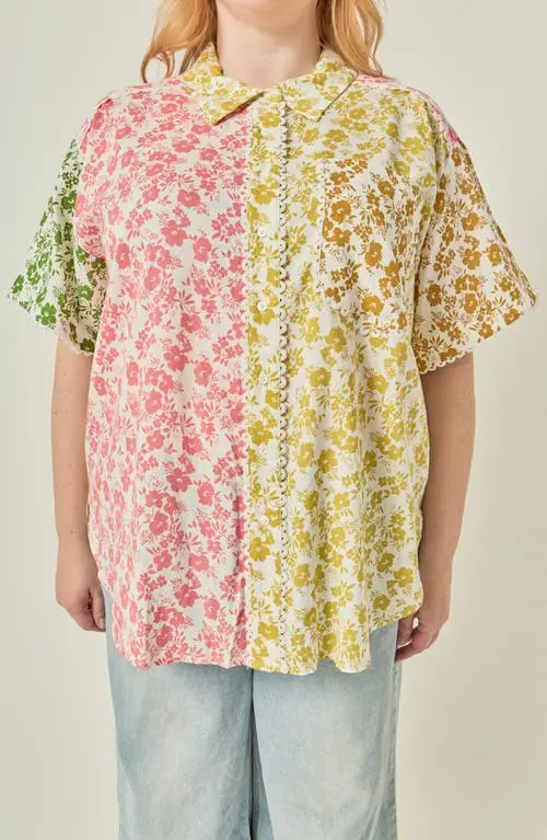 English Factory Floral Colorblocked Linen-rich Shirt
