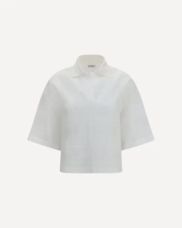 Brunello Cucinelli Crop Cotton Organza Polo With Broderie Anglaise Feale - White