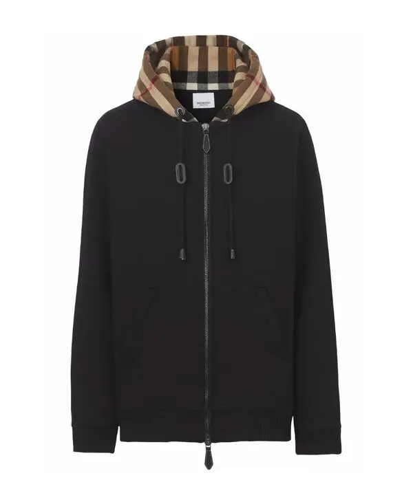 Burberry Check Hood Cotton Blend Zip Hoodie - Black