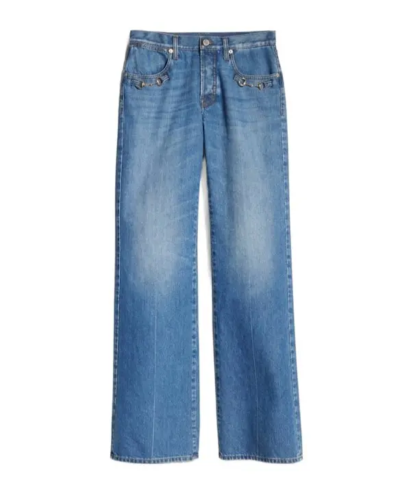 Gucci Bootcut Cotton Denim Pants With Horsebit Detail - Blue