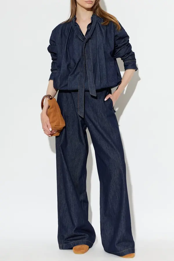 Dries Van Noten Long-sleeved Denim Shirt With Pleated Shoulders - Navy Blue