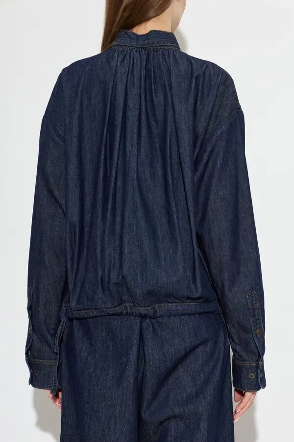 Dries Van Noten Long-sleeved Denim Shirt With Pleated Shoulders - Navy Blue