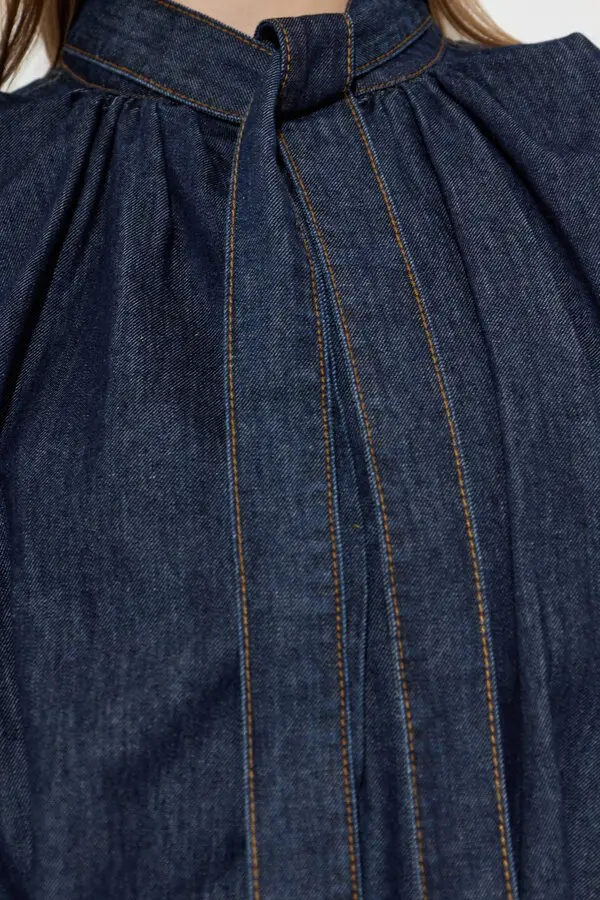 Dries Van Noten Long-sleeved Denim Shirt With Pleated Shoulders - Navy Blue