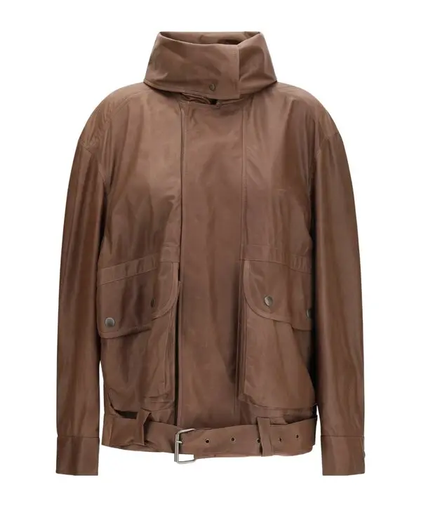 Calvin Klein Isa Belted High Collar Leather Jacket