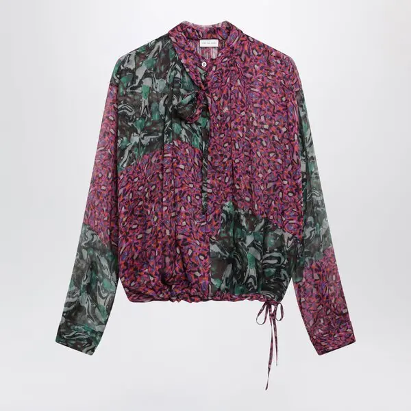 Dries Van Noten Abstract Patchwork Print Silk Blouse With Integrated Scarf - Multicolor