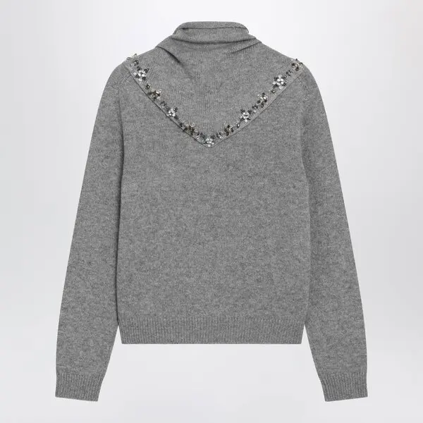 Prada Grey Cashmere Sweater With Jeweled Scarf
