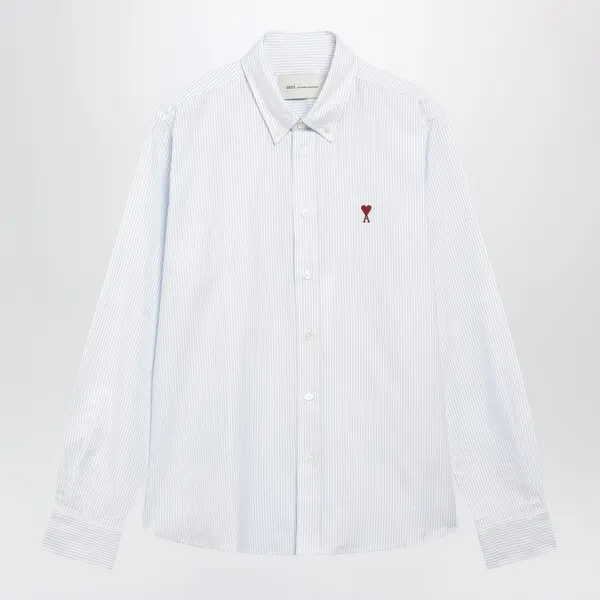 AMI Paris Cotton Striped Shirt With De Coeur Embroidery - Blue