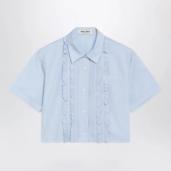 Miu Miu Cropped Poplin Shirt With Ruffles - Blue