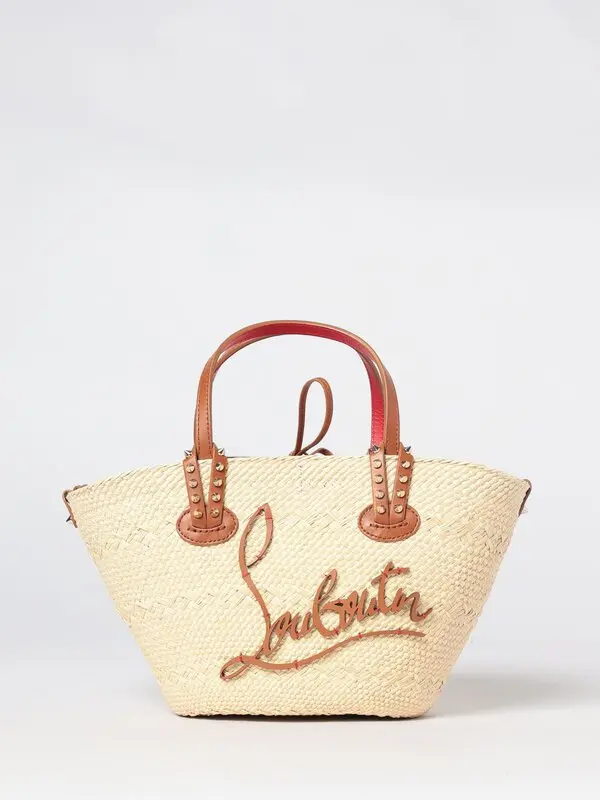 CHRISTIAN LOUBOUTIN Woven Raffia Tote Bag With Leather Accents And Studs - Cream