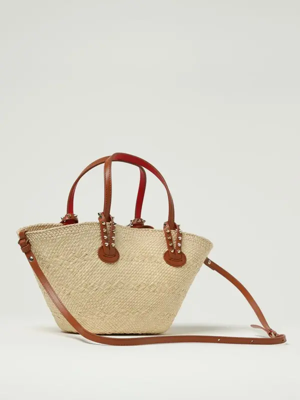 CHRISTIAN LOUBOUTIN Woven Raffia Tote Bag With Leather Accents And Studs - Cream