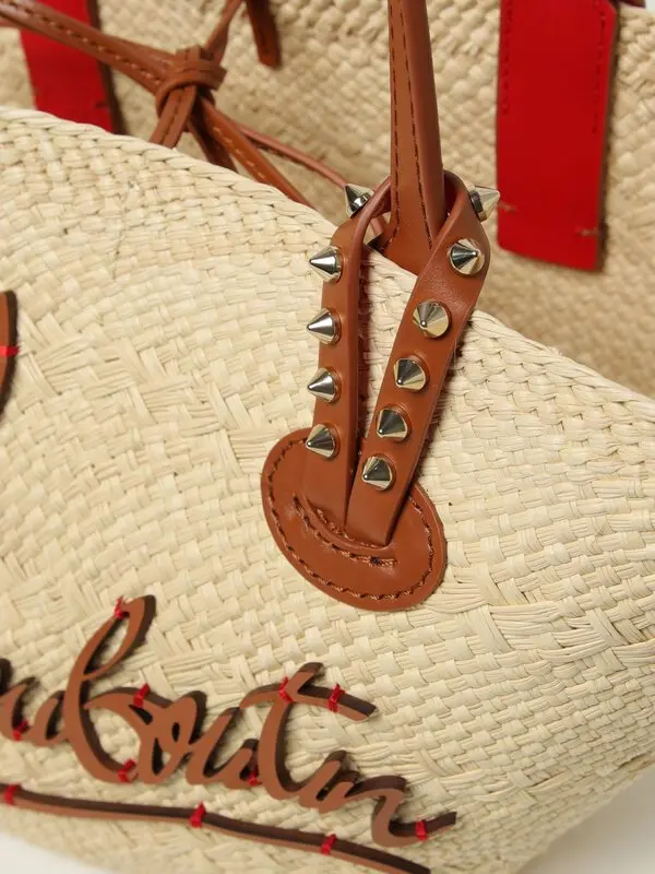 CHRISTIAN LOUBOUTIN Woven Raffia Tote Bag With Leather Accents And Studs - Cream