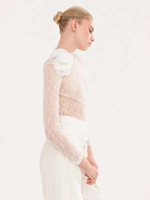 NISSA Lace Bodysuit With Floral Embellishment