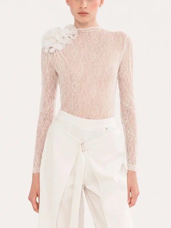 NISSA Lace Bodysuit With Floral Embellishment