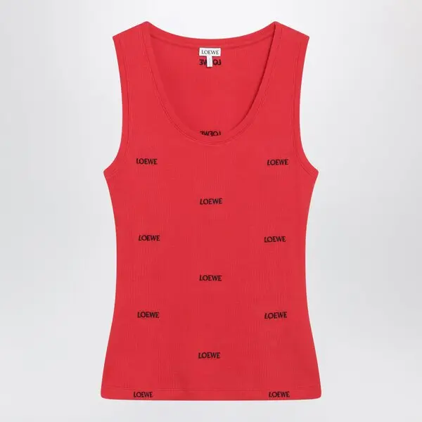 Loewe Ribbed Cotton Tank Top With All-over Logo Embroidery - Red