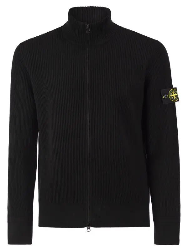 Stone Island Virgin Wool Ribbed High Neck Zip-up Cardigan - Black